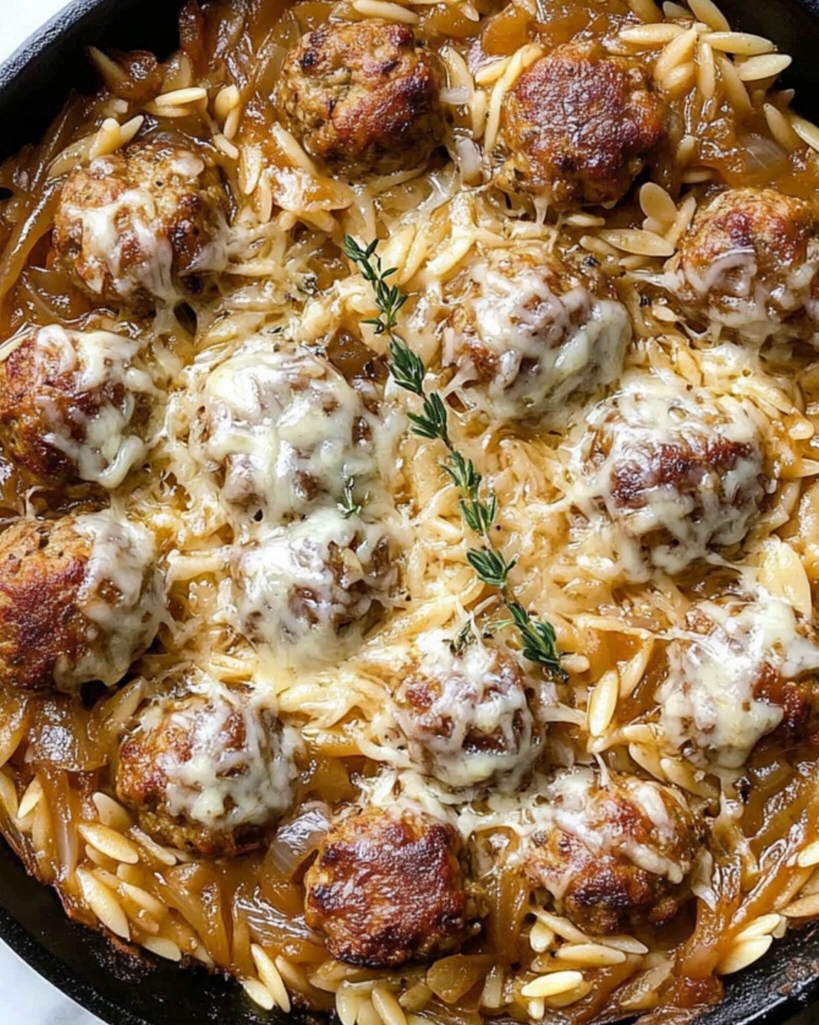 French Onion Orzo with Meatballs Recipe - Emilyscook